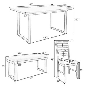 Merax 6 Piece Kitchen Dining Room Set with One Rectangle Table,4 Padded Chairs and Padded Bench Wood Rustic Dining Set of 6 Family Furniture Set for 6 to 8 Persons, Smoky Gray