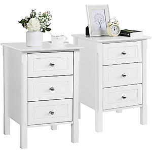 Yaheetech Bedside Table Set of 2, Nightstand with 3 Drawer and Solid Wood Legs, Accent Night Stand with Storage Cabinet for Bedroom and Home Office, 16″ L × 16″ W × 24″ H, White