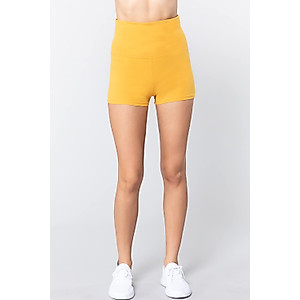 Khanomak Women's Fold Over Stretchy Sports Running Yoga Gym High Waist Cotton Shorts Ochre Mustard Small
