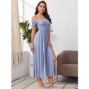 Floerns Women's Boho Floral Print Off Shoulder Split Long A Line Dress Blue Flower M