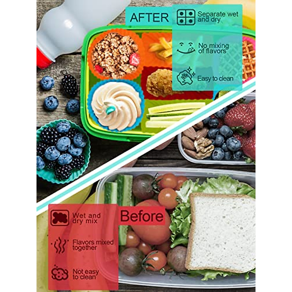 48Pcs Silicone Lunch Box Dividers- 3 Shapes Bento Lunch Box Silicone Divider to Block Food from Sticking- Silicone Baking Cups Bento Box Accessories for Kids School Lunch Home Party Picnic (6 Colors)