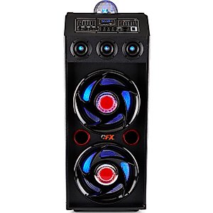 QFX SBX-412207BT TWS Bluetooth Cabinet Speaker with Dual 12" Woofers, LED Party Lights, FM Radio, USB/TF Card Ports, Aux Input, Red