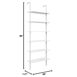 Nathan James Theo 6-Shelf Tall Modern Bookshelf, Wall Mount Ladder Shelf Bookcase with Wood and Industrial Metal Frame, Matte White