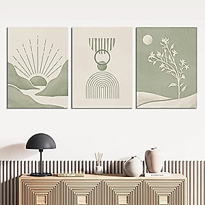 Minimalist Boho Wall Art Set of 3, Abstract Wall Art Mid-Century Modern Art Print, Sage Green Neutral Geometric Canvas Artwork Posters for Living Room, Bedroom, Bathroom, Gallery, Boho Room Decor 12"x16", Framed