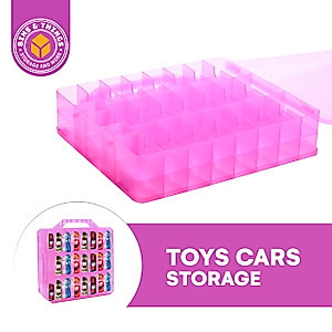 Bins & Things Toy Car Storage Organizer with 48 Compartments - Transparent Portable Car Case Storage Box for Small Items, Craft Supplies, Pills, Earrings - Ideal Organizer for Kids and Adults - Pink