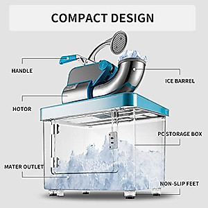 SmarketBuy Commercial Snow Cone Machine 110V Ice Crusher 396.8LBS/H Productivity Stainless Steel Double Blade 1450R/M Speedy Electric Ice Shaver with Storage Box
