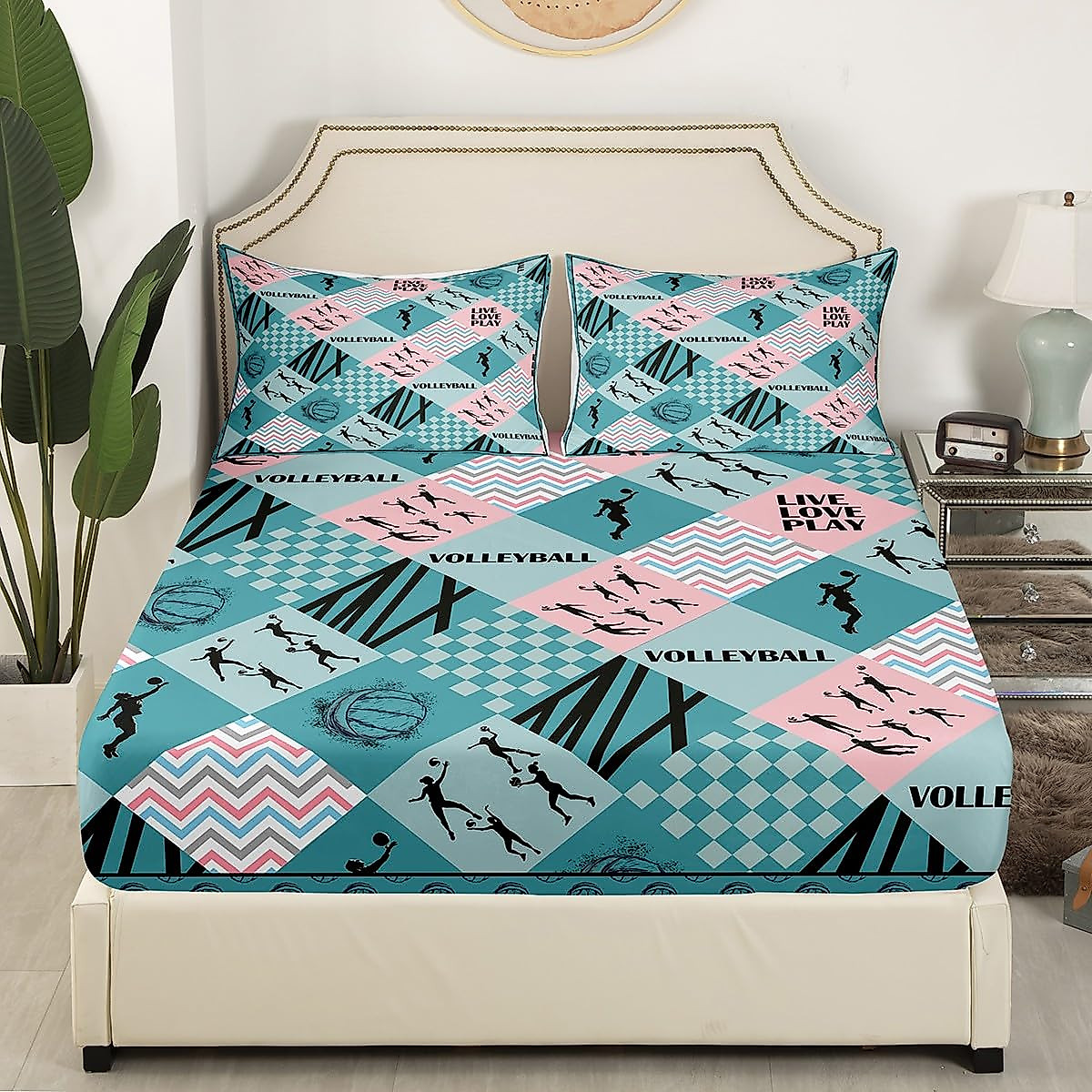 Manfei Volleyball Sheet Set Full Size, Sports Theme Bed Sheet Set 4pcs with Deep Pocket Fitted Sheet + Flat Sheet + 2 Pillowcases, Checks Grid Plaid Print Bedding Set for Kids Boys Teens Room Decor