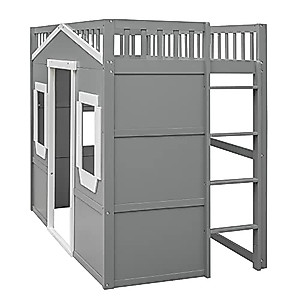 BOVZA Twin Size Wood House Loft Bed with Ladder, Kids Playhouse Bed with Window for Girls Boys, Gray+White