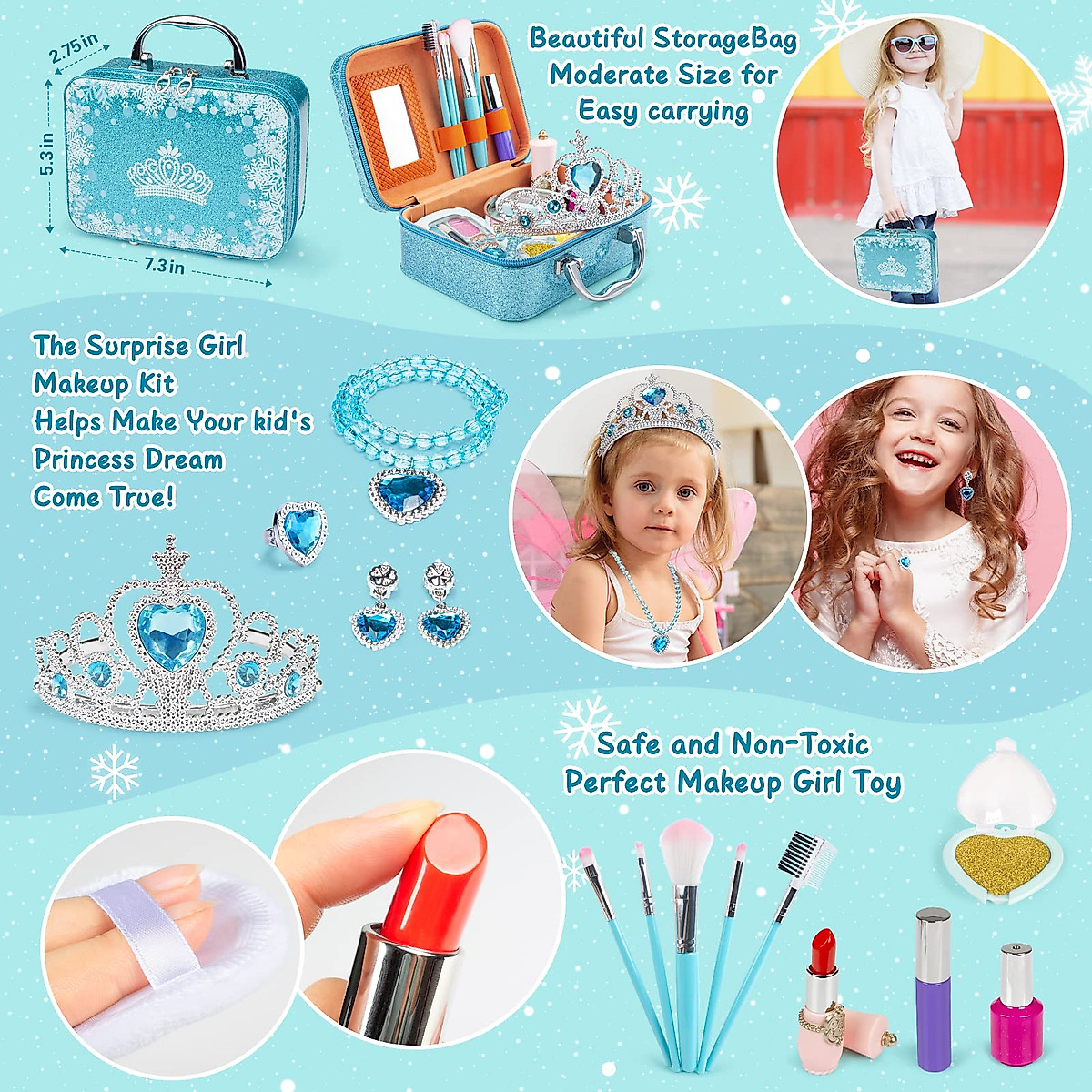 KIDCHEER Kids Makeup Kit for Girls Pretend Play Make up Gift Princess Toys for Kids with Storage Bag,Blue
