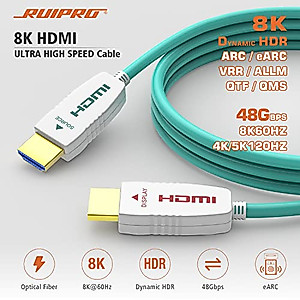 RUIPRO 8K Fiber Optic HDMI Cable 50 Feet 48Gbps 8K60Hz 4K120Hz Dynamic HDR eARC HDCP2.2/2.3 for RTX4080/4090/3080/3090, Xbox S/X, PS5/4, AVR, Projector, LG/Samsung/Sony TV
