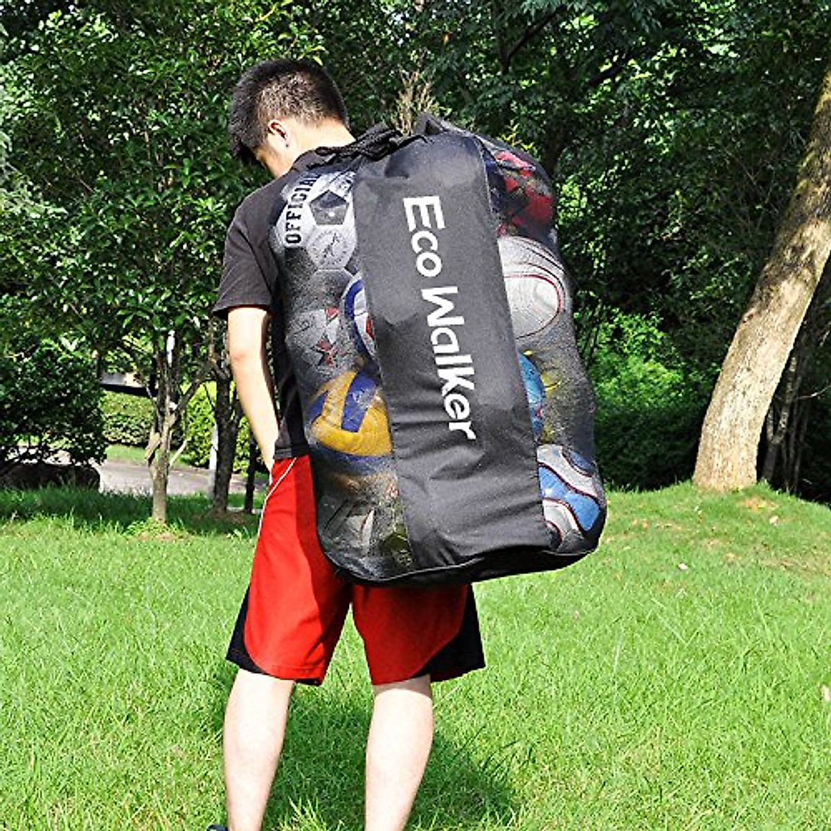 Eco Walker Ball Bag Large Capacity (Holds 16 Soccer Balls) Heavy Duty Mesh Drawstring with Adjustable Shoulder Strap and Thick Handle