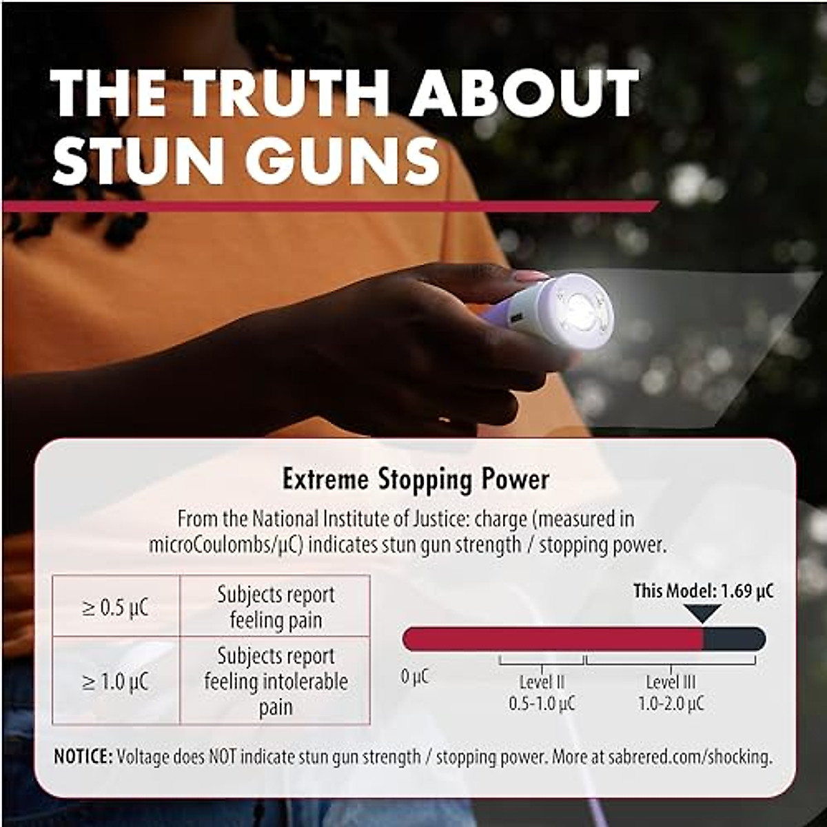 SABRE 3-in-1 Stun Gun with Personal Alarm & LED Flashlight, 1.69 µC Charge, Loud 130dB Alarm, 130 Lumen LED Light (3 Modes), Rechargeable Battery, Compact-Ergonomic Design, Travel Case & Charging Cord