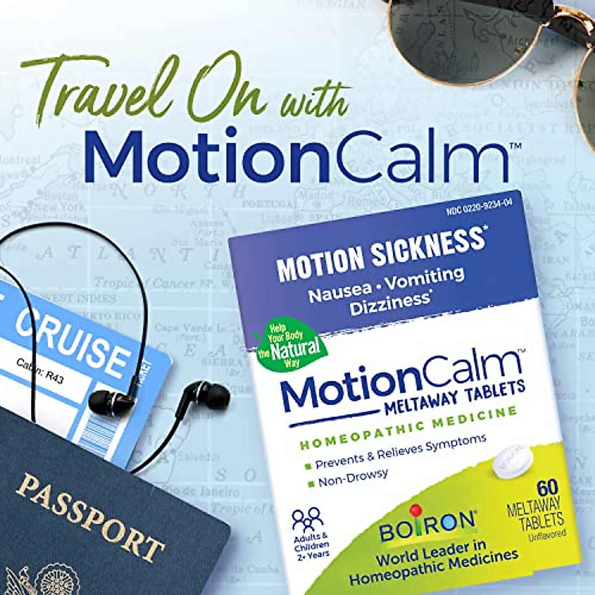 Boiron MotionCalm Relief for Nausea, Vomiting, or Dizziness associated with Motion Sickness Due to Travel, Amusement Rides, and Video Games or VR - Non-Drowsy - 60 Count