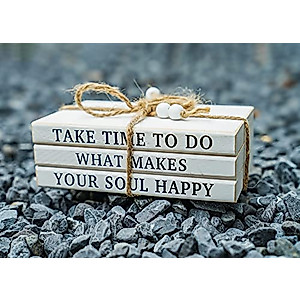 3 Pieces Wooden Decorative White Books, Rustic Farmhouse Book Stack, Faux Books for Coffee Table Shelves with Wood Bead Tassels and Leaves, for Modern Home Decor, 7'x 4.6'x 2.5'