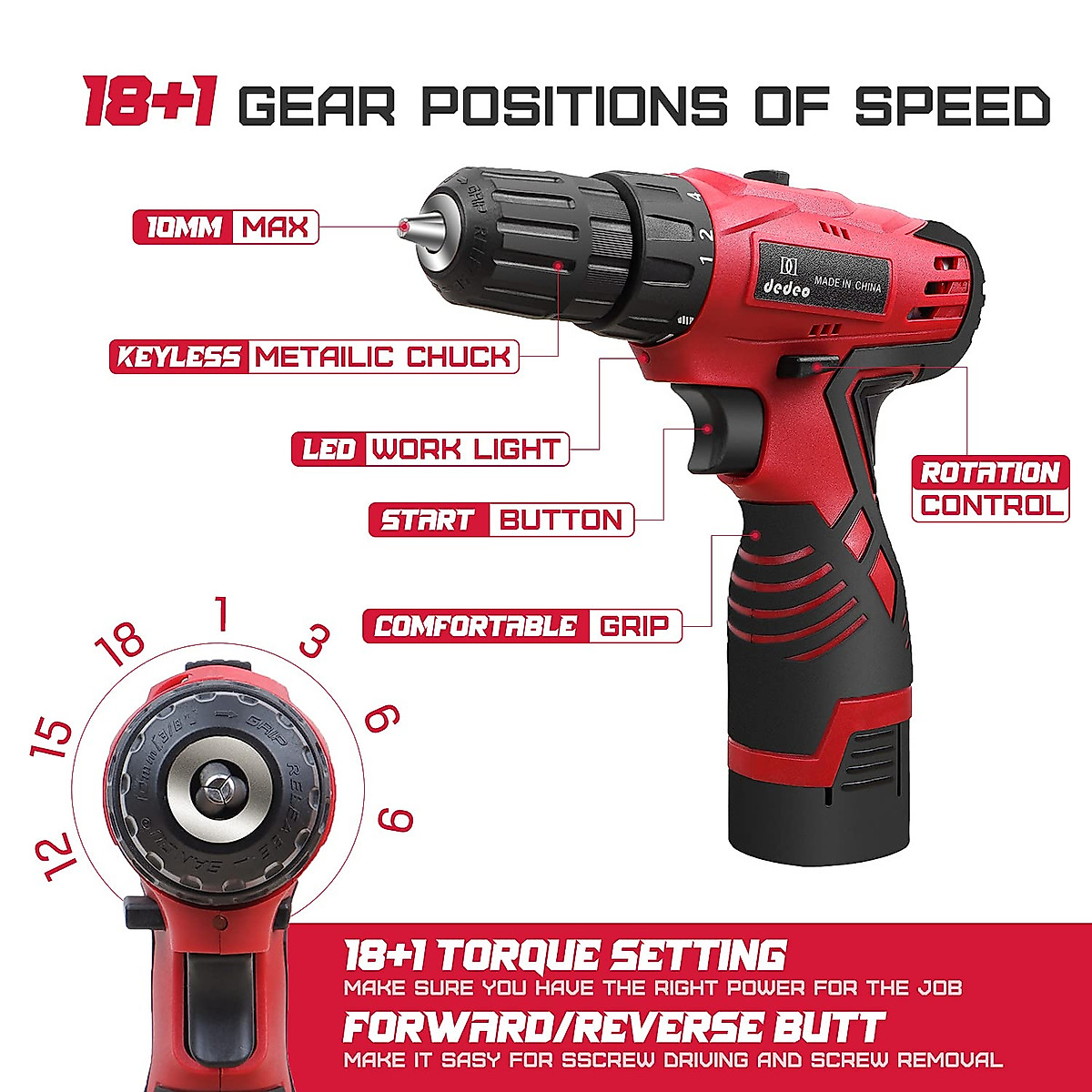 Dedeo Cordless Drill/Tool Kit, 88PCS 16.8V Impact Drill Driver Set with Charger and 2PCS Li-Ion Batteries, Built-in LED Light, 2-Variable Speed, 3/8" Keyless Chuck, 18+1 Metal Clutch, Home Improvement