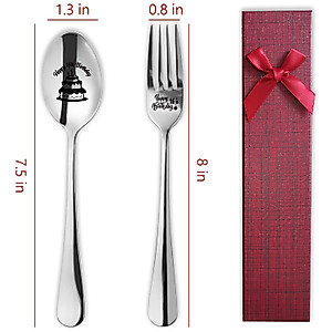 2 Pieces Happy 16th Birthday Stainless Engraved Spoon Fork Set, 16 Years Old Long Handle Dinner Spoop Fork Set Gift for Friends, Daughter, Teen, Birthday Graduation Christmas