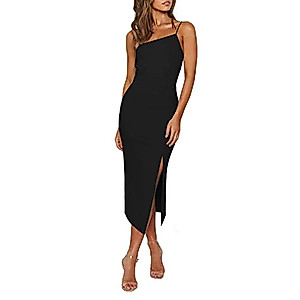 LYANER Women's Spaghetti Straps Split Slit Hem Sleeveless Zipper Bodycon Midi Dress Black Small