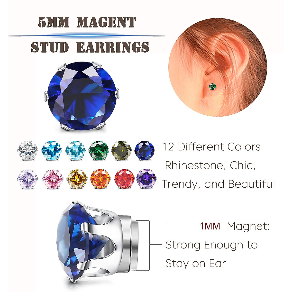 ORAZIO 12 Pairs Magnetic Stud Earrings for Men Women Non-piercing Rhinestone Magnet Earrings Stainless Steel Magnetic Clip on Nose Stud Earrings Set