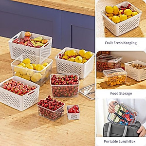 Kearning 5 Pcs Large Airtight Food Storage Containers with Lids&Handle, Fruit Storage Containers for Fridge with Removable Colanders, Leakproof Meal Prep Containers, Bento Box, Organizers and Storage