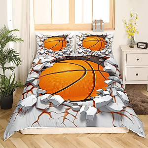 Erosebridal Boys Basketball Comforter Cover for Kids Teen Sports Bed Set, Ball Game Duvet Cover Full Size White Grey Orange Bedding Sets, Abstract Block Bedspread Cover 3pcs with 2 Pillow Case