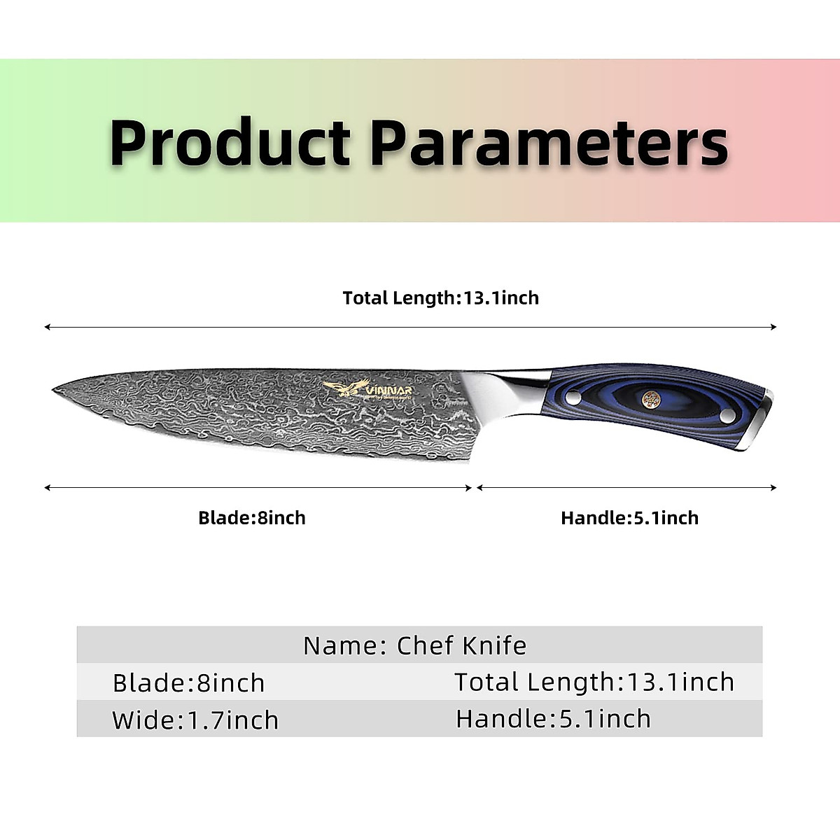 VINNAR Damascus Chef Knife, Japanese VG-10 Super Sharp 8 inch Professional Kitchen Knives, Ergonomic Blue G10 Handle，Sharpest Cooking Knife Best Choice for Home Kitchen and Restaurant