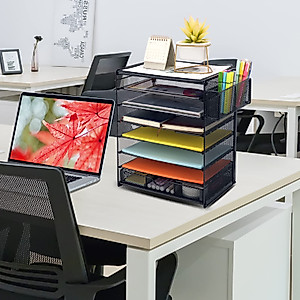 VEESUN Desk Organizer 8-Tier，Paper Organizer Letter Tray With Sliding Drawer And Pen Holder, Desk File Document Organizer Shelf And Sorter, Black For School Home Office