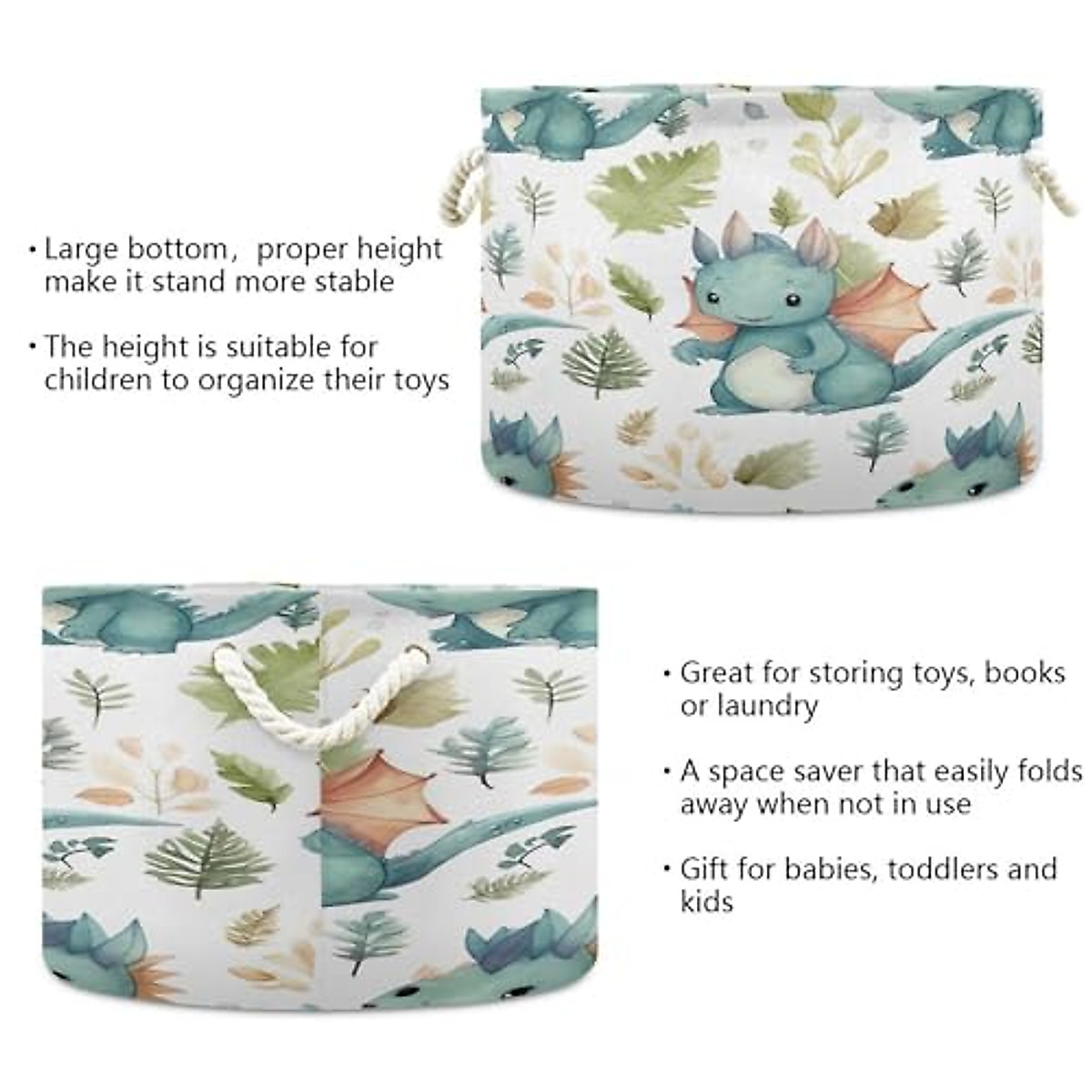 Storage Basket with Cotton Rope Handles Cute Dragon Large Laundry Basket Baby Blanket Basket Toy Clothes Organizer for Living Room, Laundry, Nursery