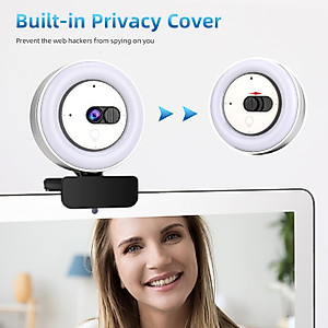TENFISH 2K Webcam,HD Autofocus Webcam with Microphone, Adjustable Ring Light Web Camera Video Cam with Privacy Cover Webcams for Pc Webcams & voip Equipment,Mac Compatible Webcams