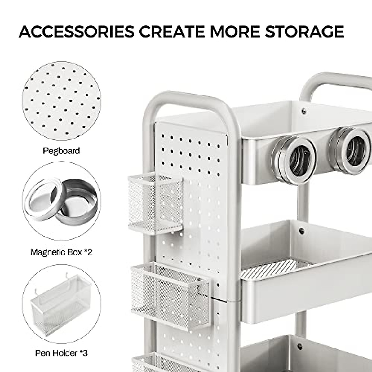 DESIGNA 3-Tier Rolling Cart, Utility Cart with Handle, Extra 3 Storage Accessories, Removable Pegboard, Easy Assembly Craft Carts for Kitchen, Bathroom, Office, Metal, White
