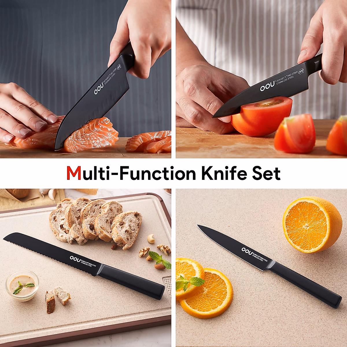 OOU Kitchen Knife Block Set - 15 Pieces High Carbon Stainless Steel Chef Knife Sets, Anti-Rust Black Knives Set with Built-in Sharpener Block, Black