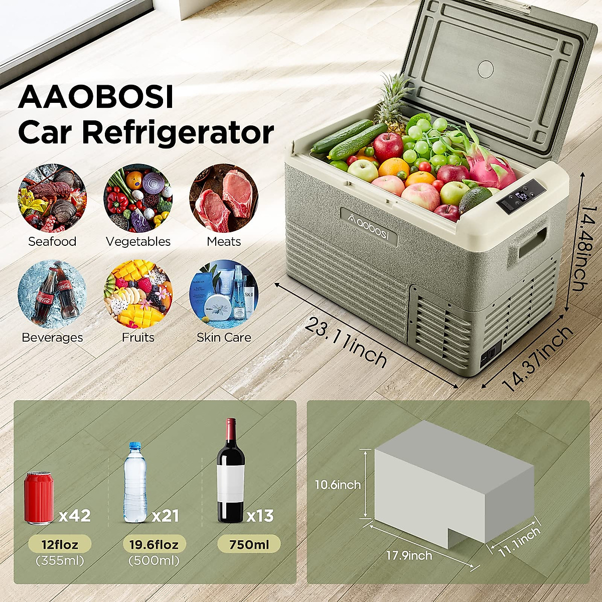 AAOBOSI 12 Volt Car Refrigerator 32 Quart (30L) RV Portable Refrigerator Freezer Car Fridge Cooler -4℉-68℉ Electric Compressor Cooler 12/24V DC 100-240V AC Travel