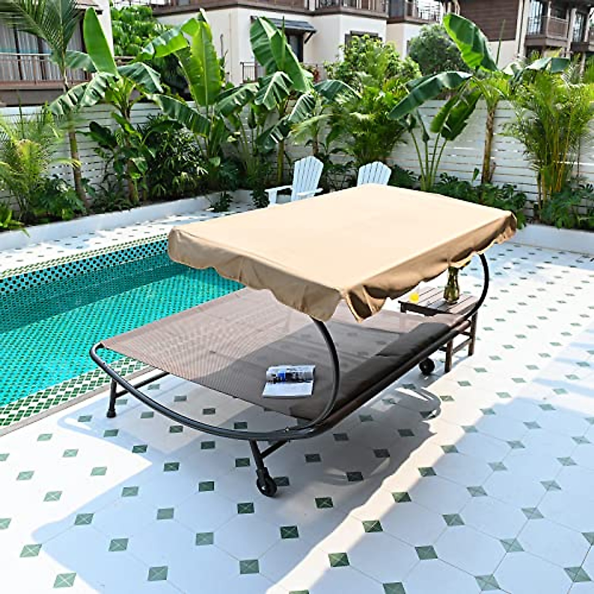 5-Star Compatible Ink Double Chaise Lounge Bed with Adjustable Canopy and Pillow and Wheels, Extra Large Patio Hammock Bed for Garden, Lawn, Backyard, Courtyard, 6.6'L x 6.5'W, Brown