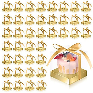 50 Pcs Clear Cupcake Boxes Individual 3.5 Inch Plastic Cupcake Containers Single Cupcake Boxes with Inserts and Ribbon Individual Cupcake Holders Cupcake Storage for Cake Dessert Carrier(Gold, Gold)