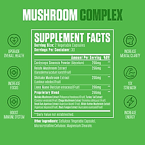 Mushroom Complex 10x Power | #1 Rated Mushroom Supplement w/Cordyceps, Reishi, Shiitake, Lions Mane + More | Boost Immune System, Nootropics, Mental Clarity, Support Overall Health & Wellness
