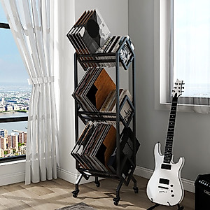 Simoretus 3 Tier Vinyl Record Storage Rack, Mobile Black Metal LP Storage Display Stand with Casters, Large Capacity Record Holder for Albums, Books, Magazines, and Office Files