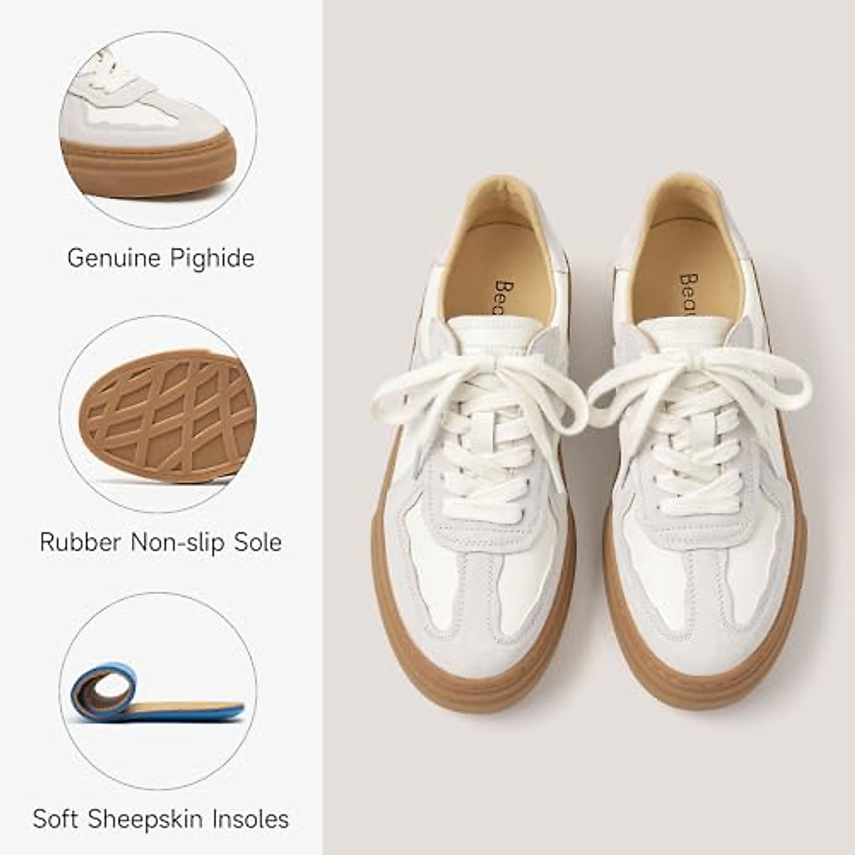 BEAU TODAY Fashion Sneakers Women, Casual Retro Platform Leather Sneakers for Women, Comfortable Tennis Runnig Trainer Shoes N-Beige 8