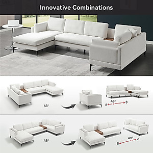 Morden Fort Modern 135" Comfy Cloud Couch U Shaped Large Sectional Sofa and Loveseat Set with Reverisble Chaise 4 Seater Couches L Shape for Living Room, Linen Fabric, Beige