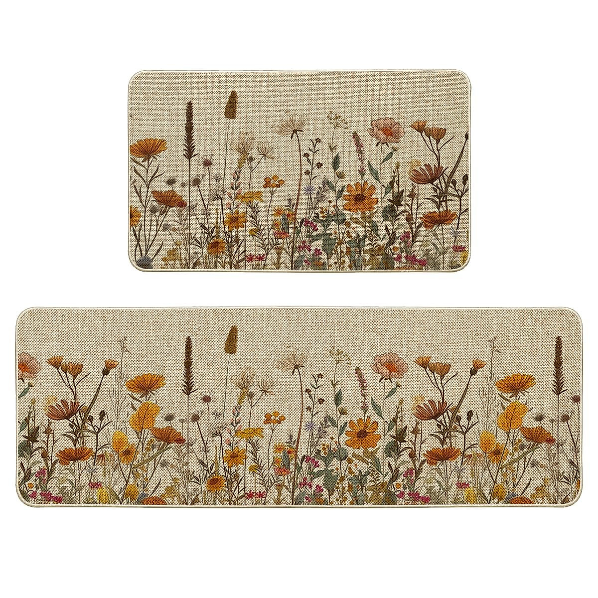 Artoid Mode Flowers Fall Kitchen Mats Set of 2, Autumn Home Decor Low-Profile Kitchen Rugs for Floor - 17x29 and 17x47 Inch