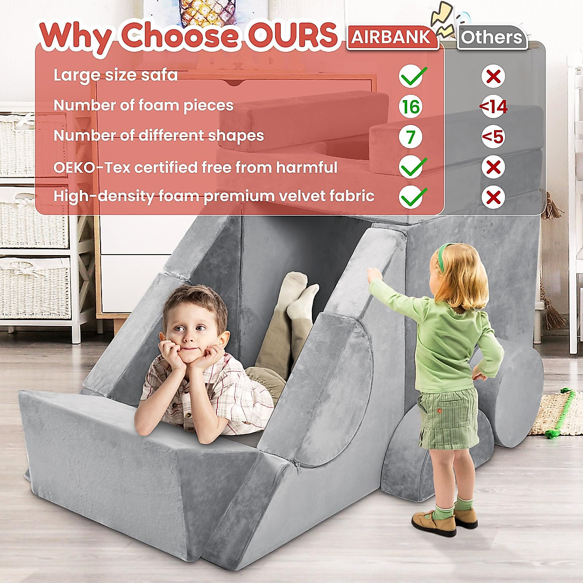 AIRBANK 16PCS Kids Play Couch, Modular Kids Couch Toddler Play Couch Child Sectional Sofa, Convertible Foam Easy to Build Magical Forts in Playroom Indoor Nursery Grey
