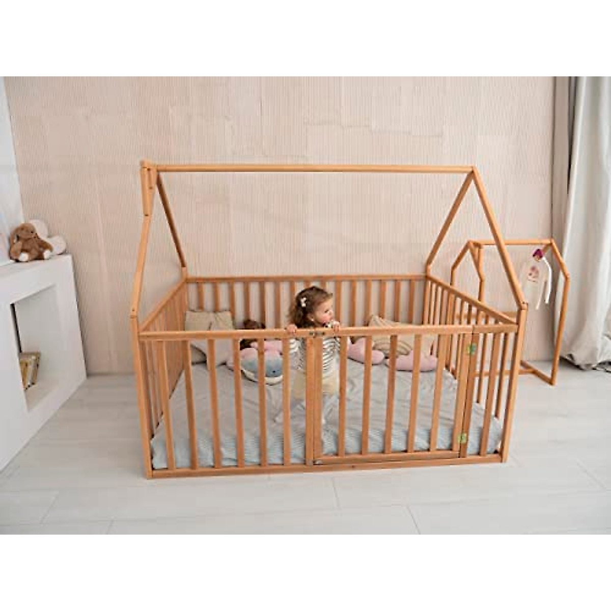 BUSYWOOD Montessori Playpen for Toddlers - Kids Play Pen Bed with Roof - High Rails Toddler Playpen - Floor Playpen Bed for Kids - Montessori Bedroom Furniture (Model 21)