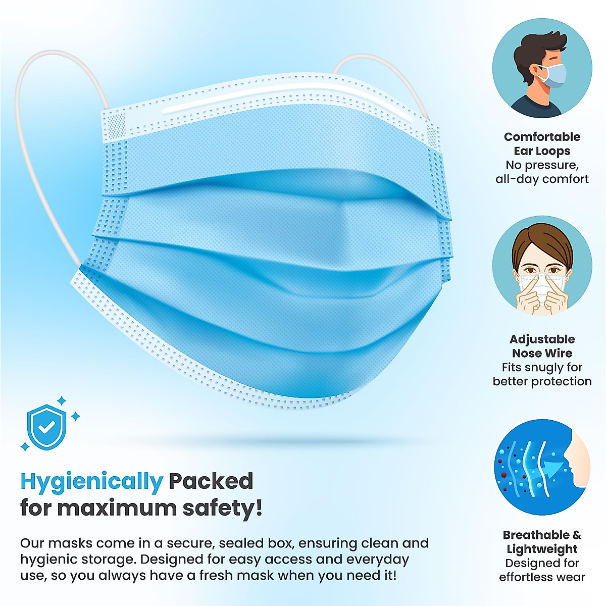 PURE GEM [Pack of 100] Single Use Disposable Blue Face Mask, Soft on Skin, Pack of 3-Ply Masks Facial Cover with Elastic Earloops Great For Home, Office, School, and Outdoors