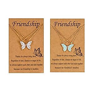 4pcs Best Friend Necklace With Card Cute BFF Friendship Butterfly Matching Necklace for Women Girls Best Friends Long Distance Birthday Gifts-blue pink