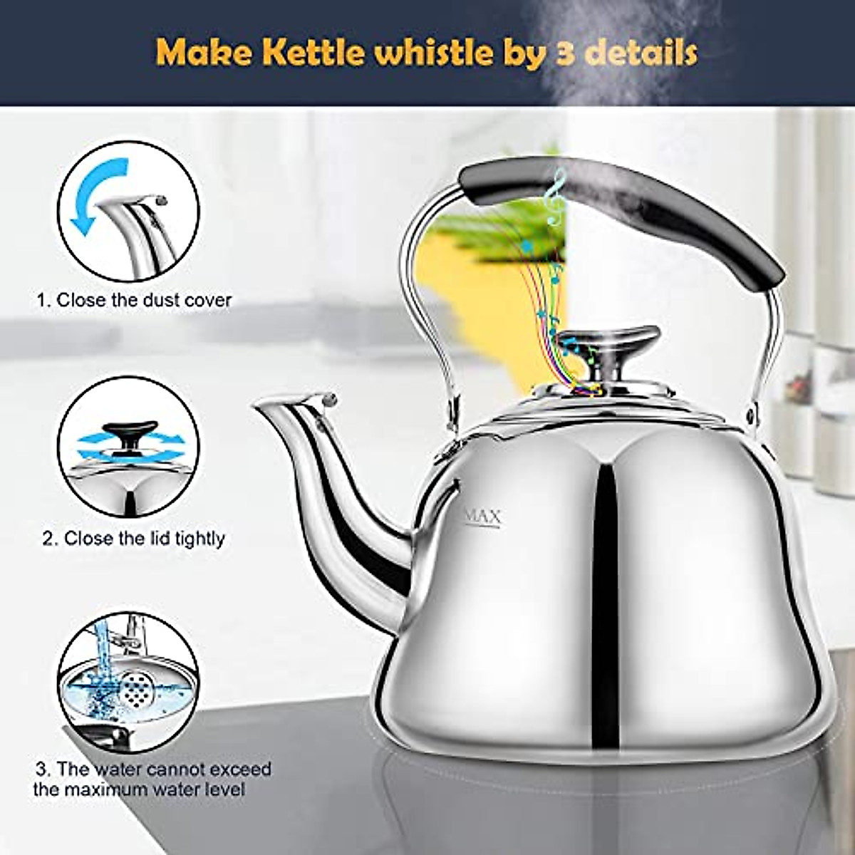 Tea Kettle Stovetop Whistling Teakettle Classic Teapot Stainless Steel Tea Pots for Stove Top with Thin Fast Heating Base, Mirror Finish, 2 liters
