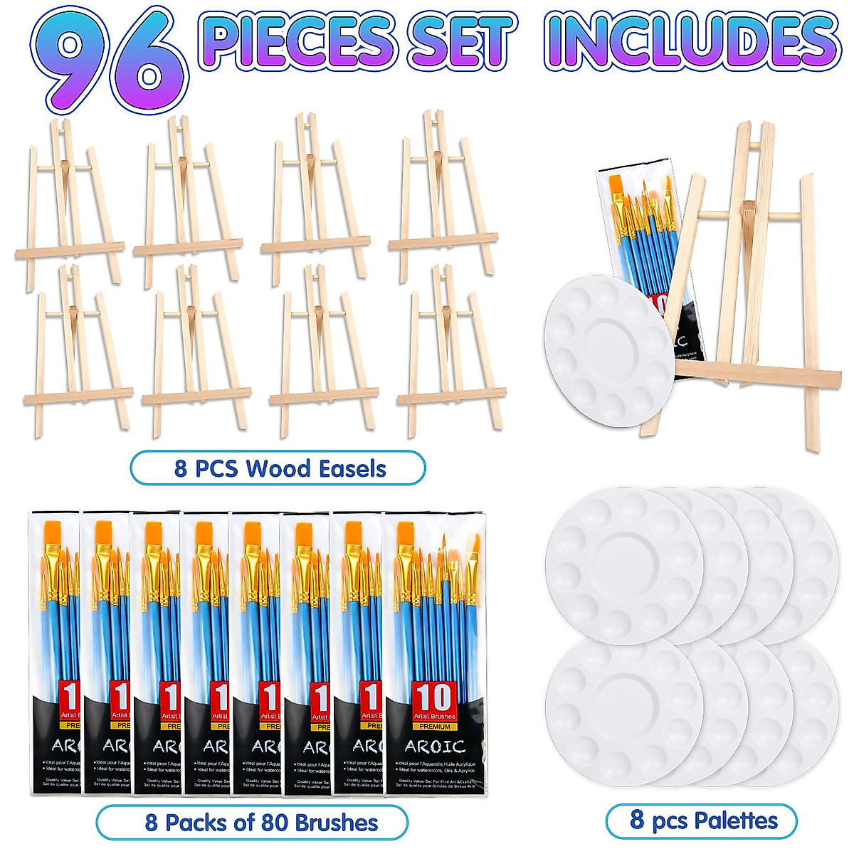 AROIC 96 PCS Painting Supplies Set with Easels, 8 PCS Wood Easels, 8 Packs of 80 Brushes with Nylon Brush Head and 8 PCS Palettes, Tabletop Wooden Art Easel for Kids & Adults Sip and Paint Party