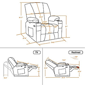 MCombo Fabric Electric Power Recliner Chair with Heat and Massage, Cup Holders, USB Charge Ports, Extended Footrest, Cloth Powered Reclining for Living Room 8015 (Navy Blue, Single Recliner)