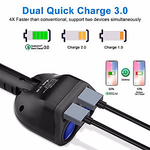 Rocketek Dual USB Quick Charge 3.0 Car Charger Adapter with Build-in 2 Way Car Splitter Adapter, 90W 12V/24V DC Outlet 2-Socket Car Cigarette Lighter for iPhone/ipad/Android Cell Phone, GPS, Car DVD