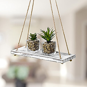 MyGift 17-inch Whitewashed Wood Hanging Swing Rope Floating Shelves - Farmhouse Rustic Triangle Wall Plant Shelf, Set of 2
