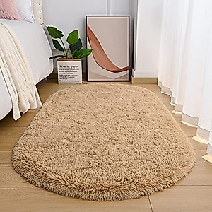 Goideal Oval Shaggy Bedroom Rug 2.6 x 5.2 Feet Fluffy Area Rugs for Girls Boys Kids Room Nursery Floor Carpet Home Decoration, Light-tan