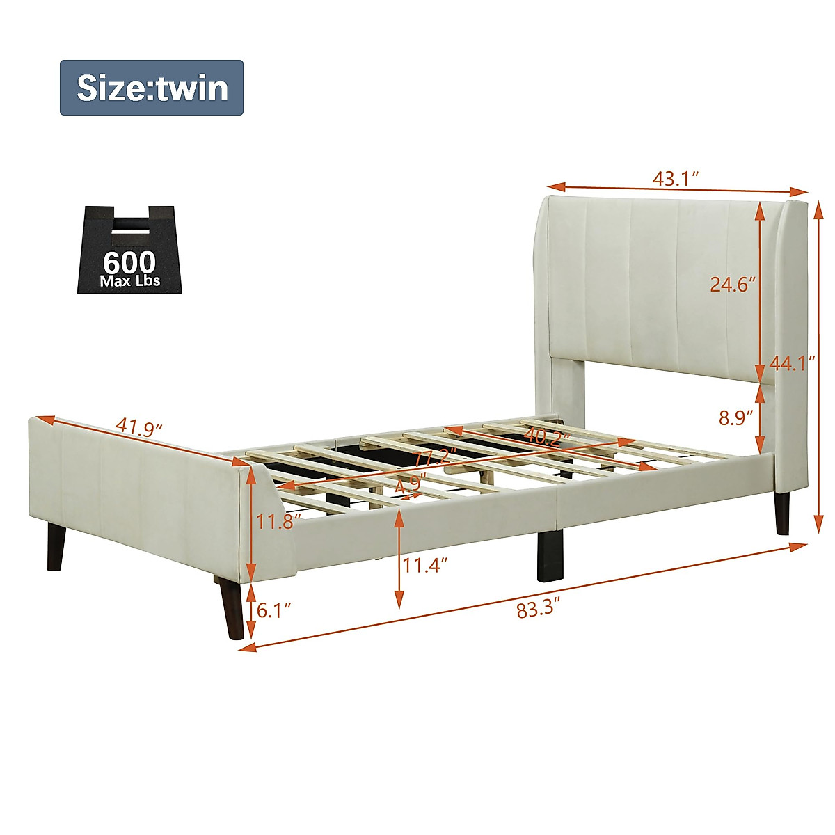 Twin Size Bed Frame,Velvet Upholstery with Headboard and Support Board,No Springs,Non-Slip and Noiseless, Easy Assembly,Beige