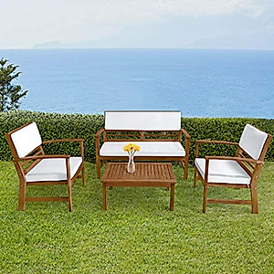 Patio Conversation Set Patio Furniture Patio Sofa Set Outdoor Chat Set 4-Piece Acacia Wood Outdoor Seating Set with Water Resistant Cushions and Coffee Table for Pool Beach Backyard Balcony Garden